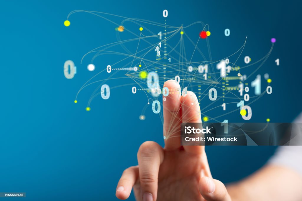 3d Rendering Of Floating Binary Codes With Hand Touching It From Behind