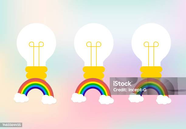 Tiga Lampu Ide Dan Pelangi Warnawarni Dengan Awan Putih Lembut Dengan ... Tiga Lampu Ide Dan Pelangi Warnawarni Dengan Awan Putih Lembut Dengan ...