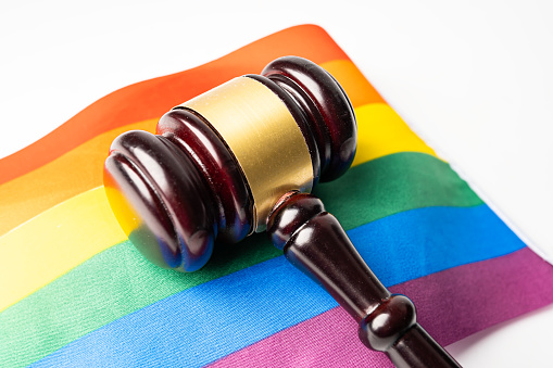Gavel For Judge Lawyer On Rainbow Flag Symbol Of Lgbt Pride Month