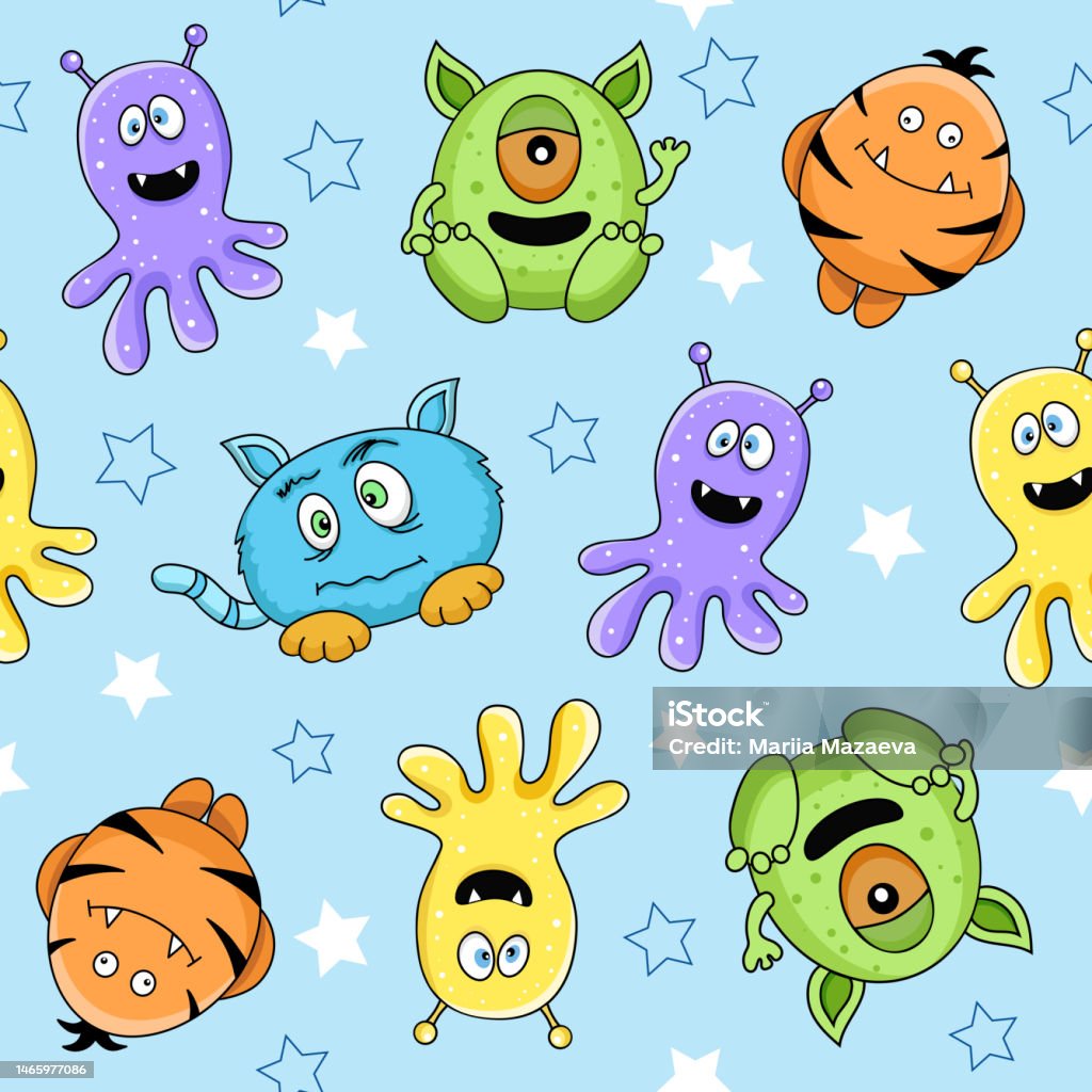 Seamless Monsters Pattern Cute Monsters Vector Illustration Cartoon