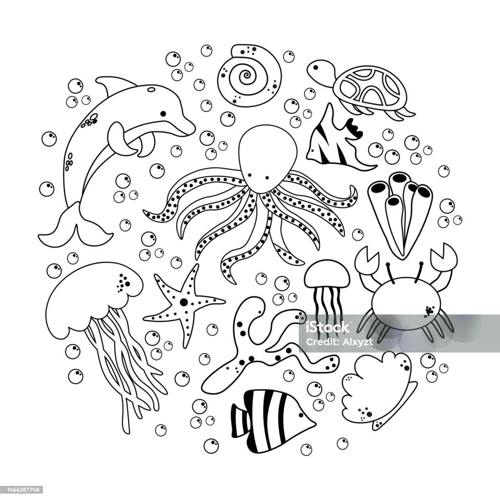 Ilustración de Flora Y Fauna Oceánica En Forma De Círculo Animales ... Ilustración de Flora Y Fauna Oceánica En Forma De Círculo Animales ...