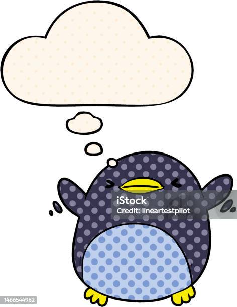 Mignon Dessin Animé Battant Pingouin Avec Bulle De Pensée Dans Le Style
