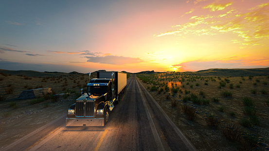 American Style Truck On Freeway Pulling Load Transportation Theme 3d