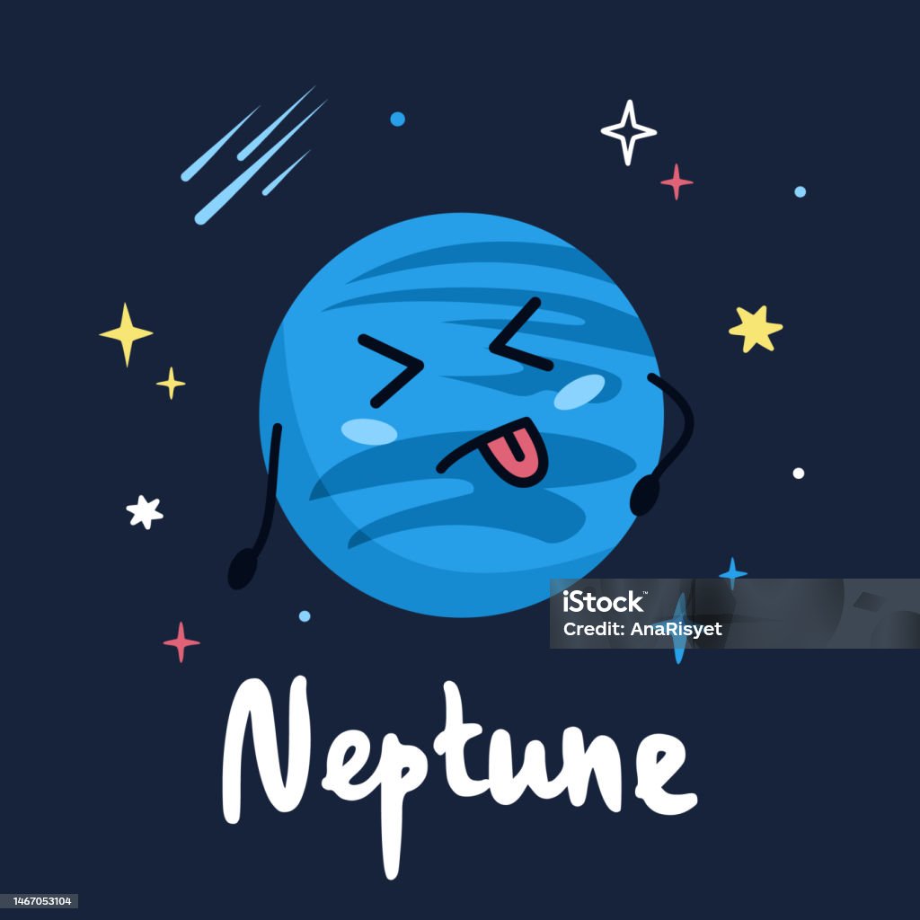 Cute Cartoon Planet Character Neptune With Funny Face Poster Solar