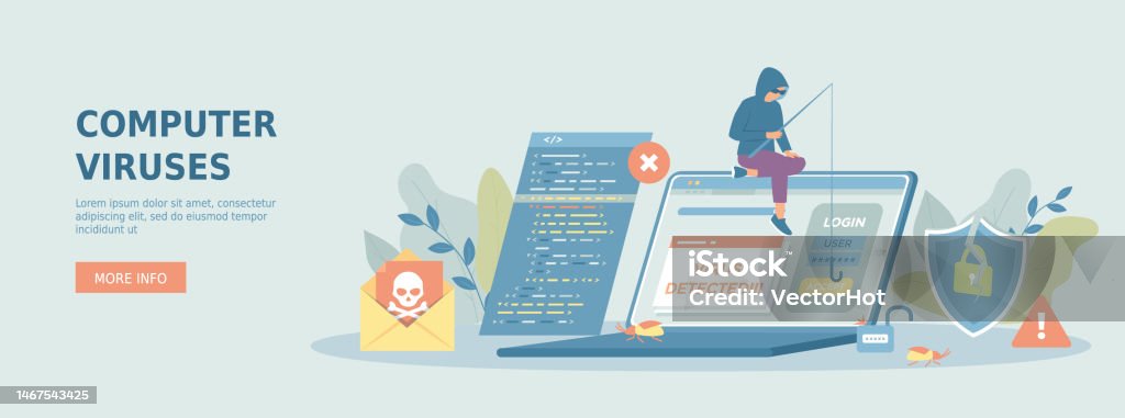 Computer Viruses Hacker Crime Attack Phishing Account Stealing Password Errors Detected Bugs