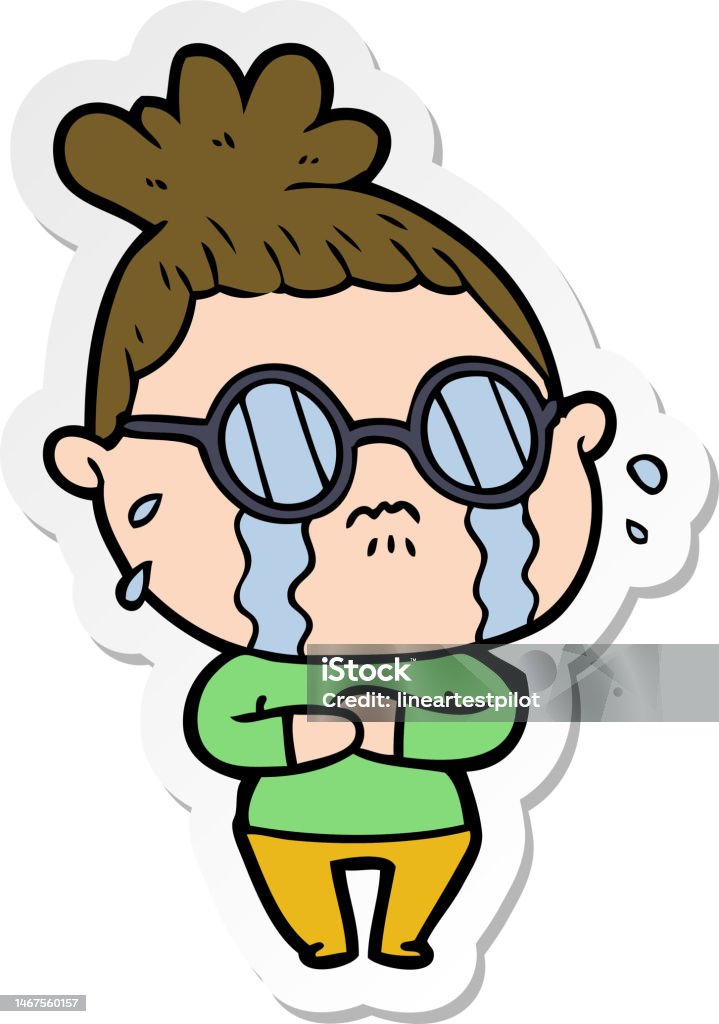 Stiker Kartun Menangis Wanita Mengenakan Kacamata Ilustrasi Stok