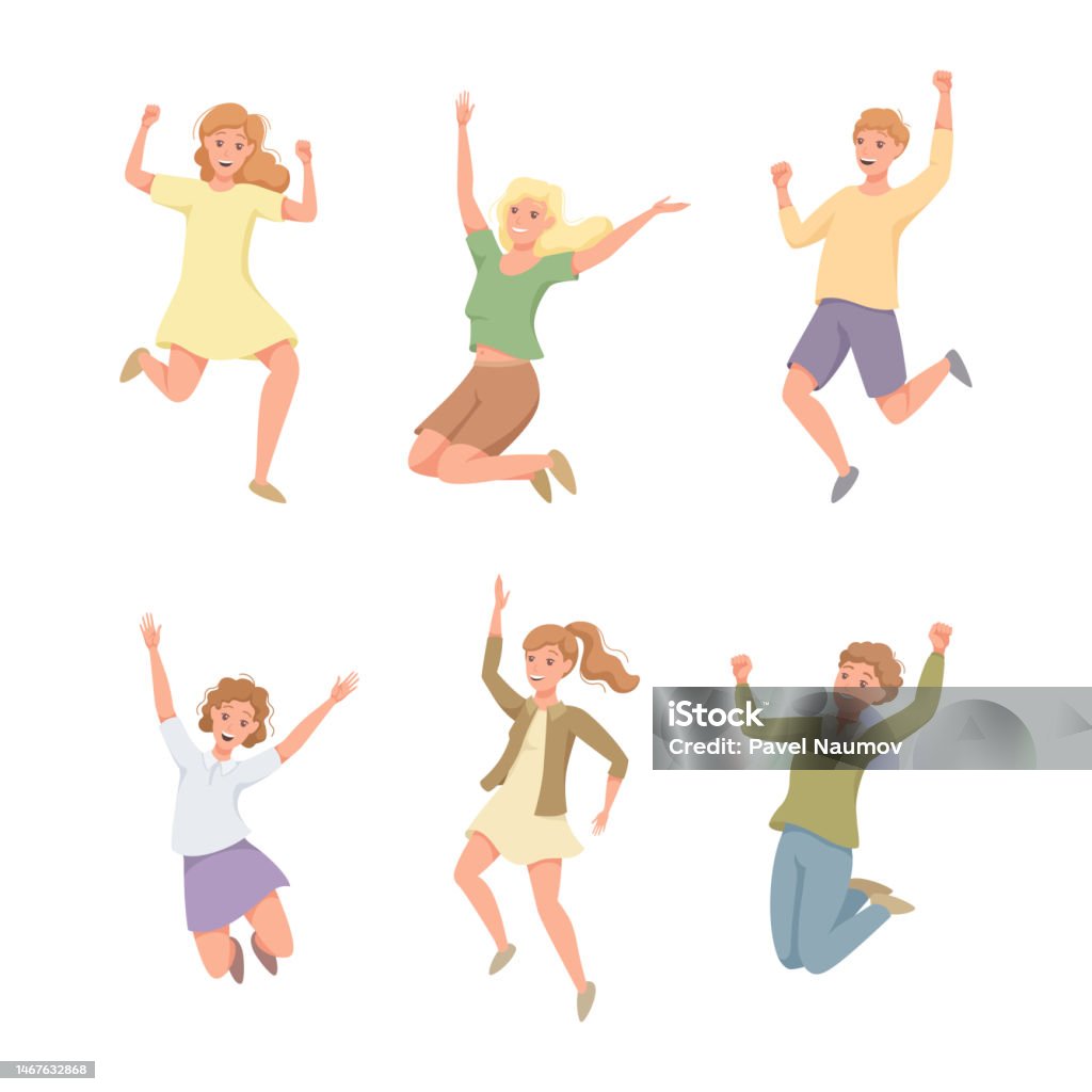 Vetores de Homem E Mulher Felizes Personagem Saltando Com Mãos ... Vetores de Homem E Mulher Felizes Personagem Saltando Com Mãos ...