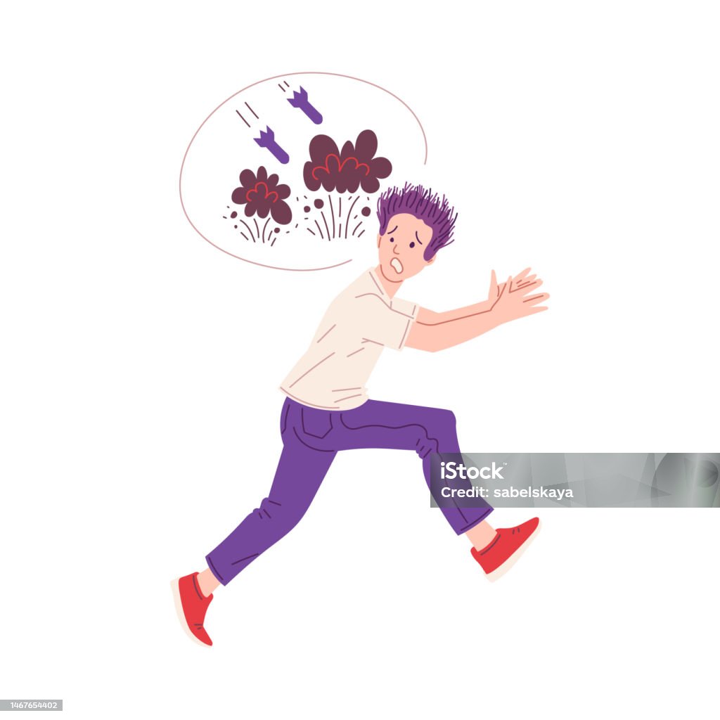 Pria Ketakutan Berlari Dari Bom Dan Ledakan Ilustrasi Vektor Datar Terisolasi Dengan Latar
