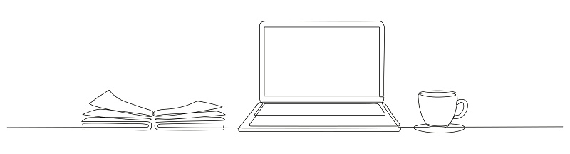 Dessin Au Trait Continu Dun Ordinateur Portable À Livre Ouvert Et Dune