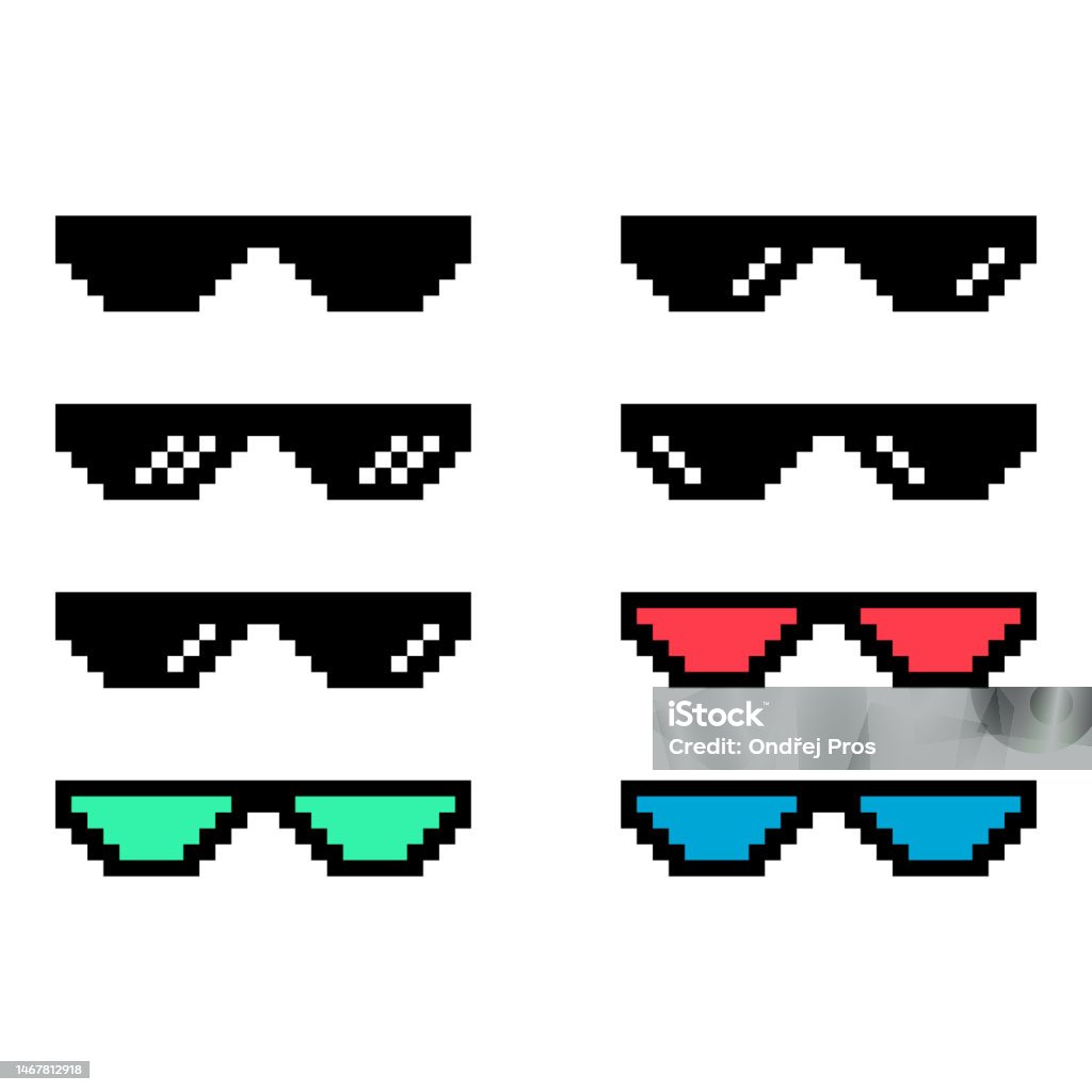 Set Of Fun Retro Pixel Sun Glass Icon Life Style Meme Sunglasses Thug