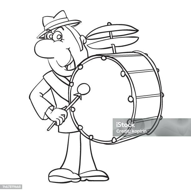 Sketsa Seorang Pria Bertopi Memainkan Drum Bass Kartun Ilustrasi Dengan