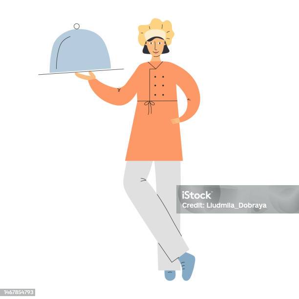Professional Young Chef Woman In Uniform Holding Tray And Demonstrating