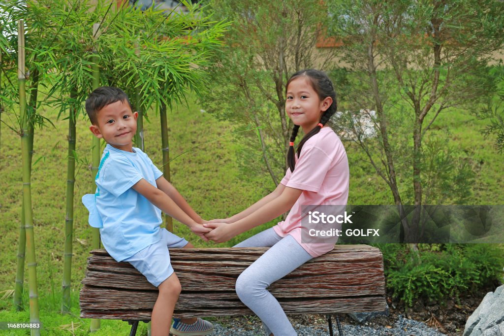 Portrait Of Asian Sister And Brother Holding Hands And Looking Camera While Sitting On Wooden