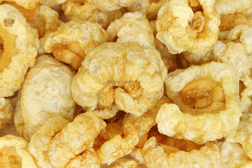 Closeup Of Pork Snack Or Pork Rinds Deep Fried Pork Skin And Blistered Is Traditional Food In
