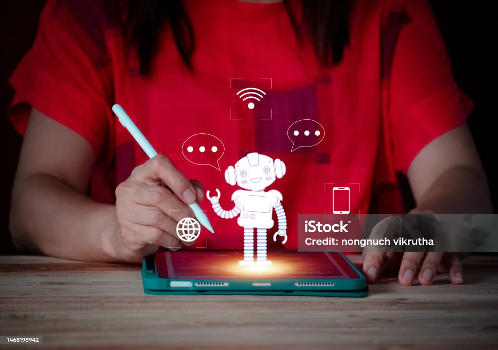 Intelligente Frau Mit Tablet Mit Künstlicher Intelligenz Symbol Auf Dem ... Intelligente Frau Mit Tablet Mit Künstlicher Intelligenz Symbol Auf Dem ...