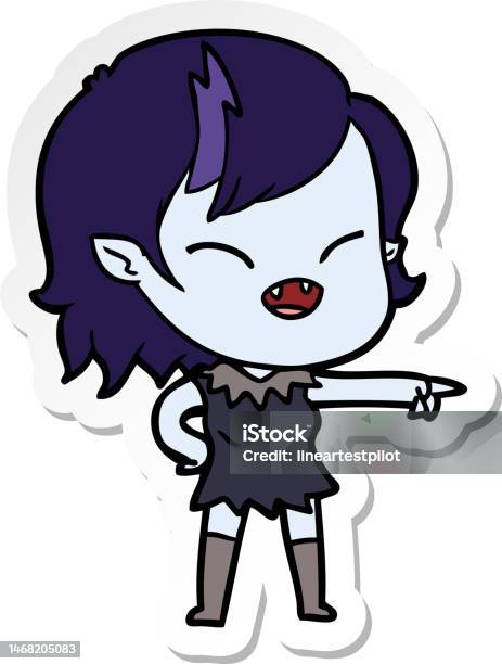 Autocollant Dune Fille Vampire De Dessin Animé Pointant Et Riant