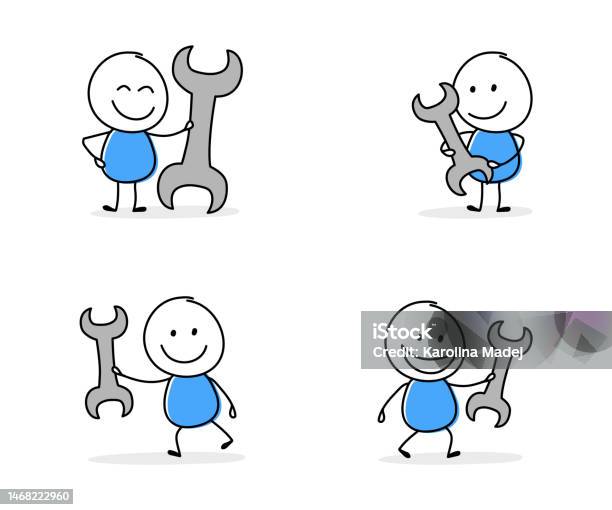 Stickman Dessiné À La Main Tenant Une Pancarte De Clé Jeu Dicônes De