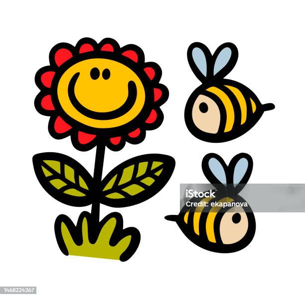 Ensemble Déléments Nater Mignons Fleur Heureuse Et Insectes De Dessin