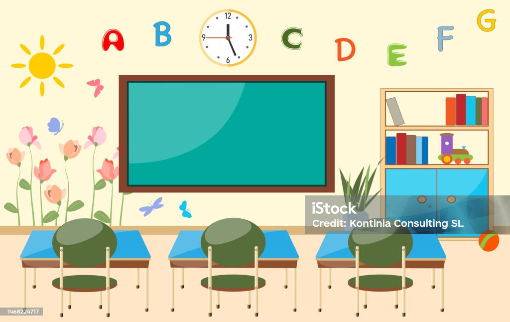 Background Of Empty Classroom Interior Of A School With Blackboard