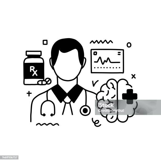 Neurology Related Design With Line Icons Brain Doctor Patient