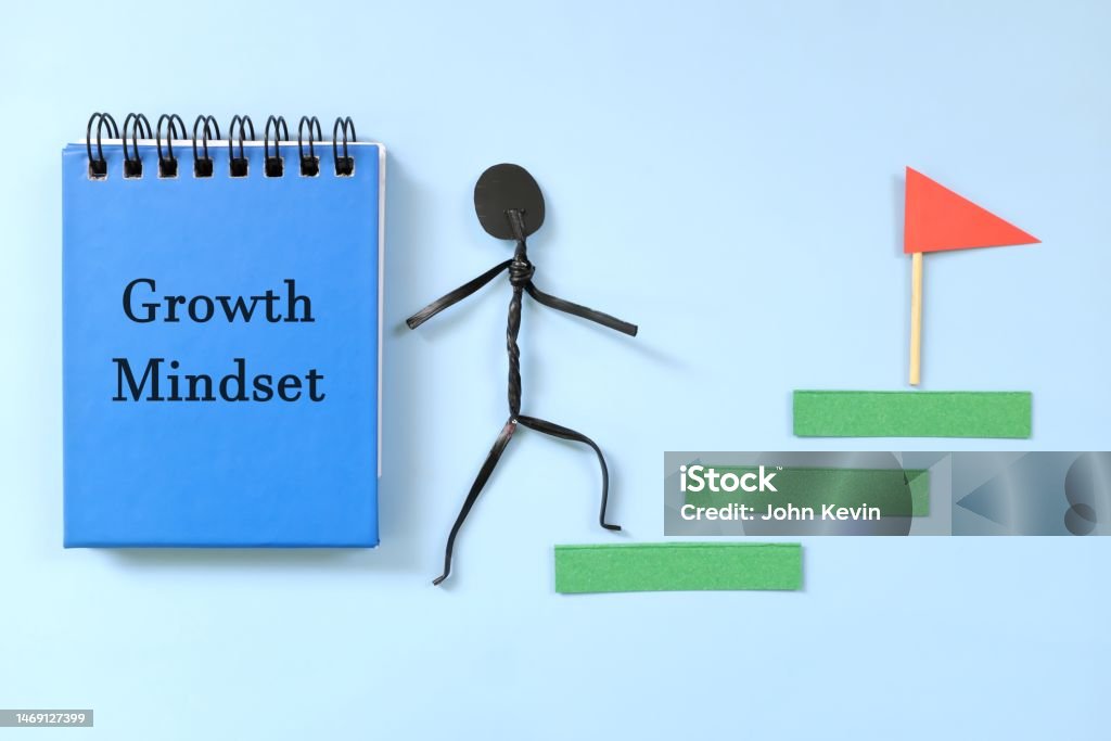 Growth Mindset In Career Concept Stick Figure Climbing Ladder Of Success Beside Blue Notepad
