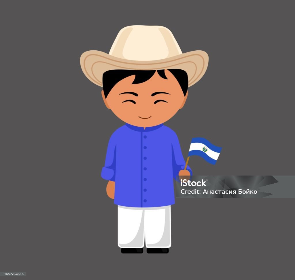 Salvadoran Male Cartoon Character In Traditional Ethnic Costume With National Flag Man In