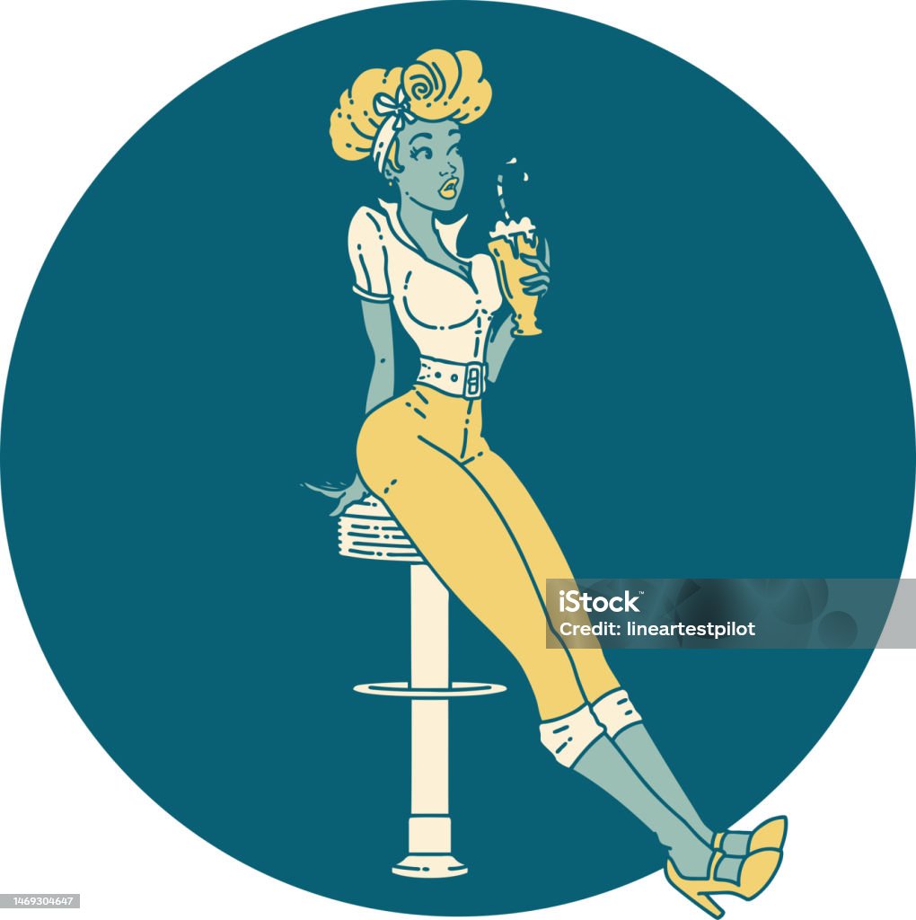 Tatouage Dans Le Style Traditionnel Dune Pinup Buvant Un Milkshake