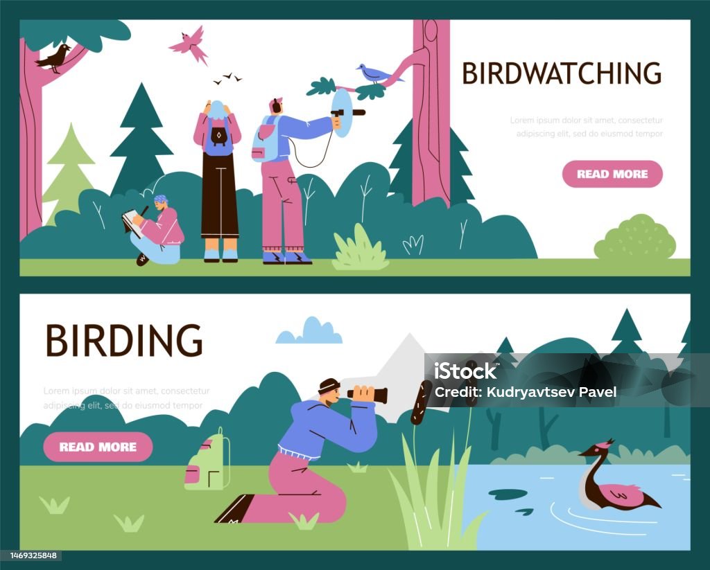 Young People Watching Birds Web Banners Set Flat Vector Illustration