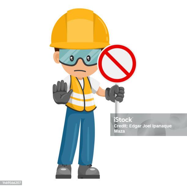 Travailleur Industriel Avec Un Panneau Interdit Faisant Un Panneau