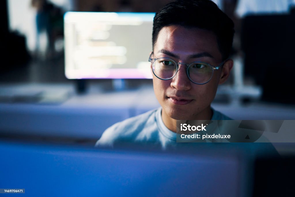 Computer Coding Programming And Asian Man In Cybersecurity Software Development And Html Script