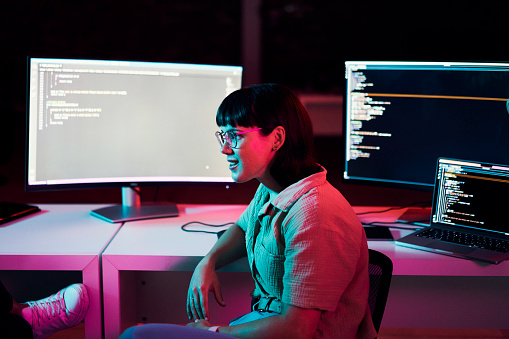 Computer Coding Html Script And Woman Programming Software Development Or Cyberpunk In Neon