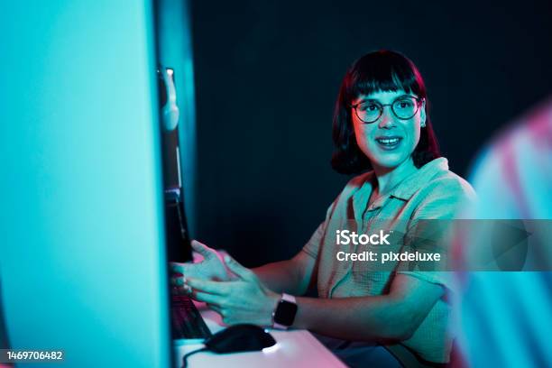 Computer Talking Or Programmer Teamwork At Night On Cybersecurity App Coding Or Web Design Girl