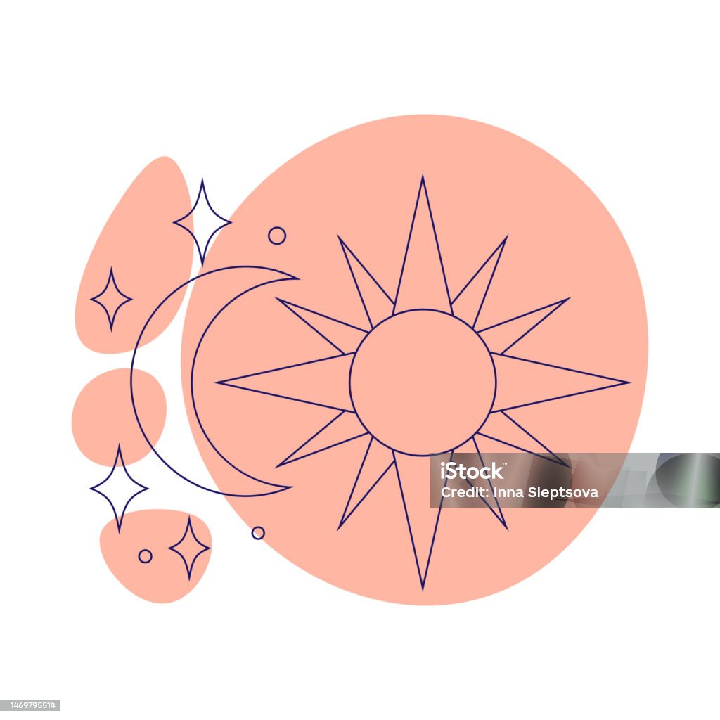 Matahari Bulan Dan Bintang Simbol Esoteris Linear Yang Digambar Tangan Ilustrasi Stok Unduh