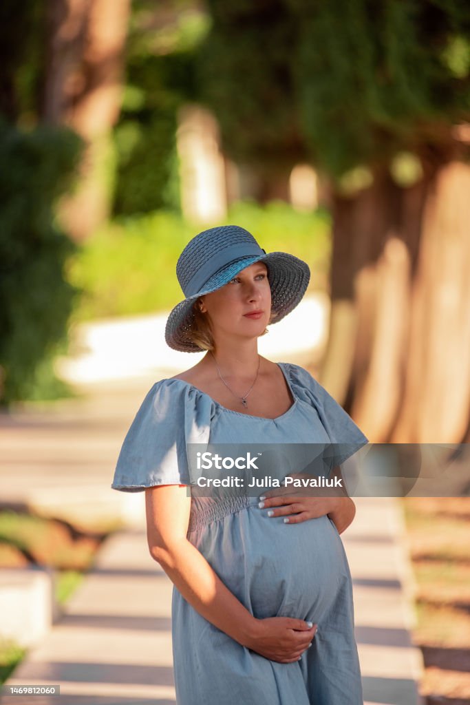 Close Up Portrait Middle Aged Pregnant Woman In Pine Forest Concept Of