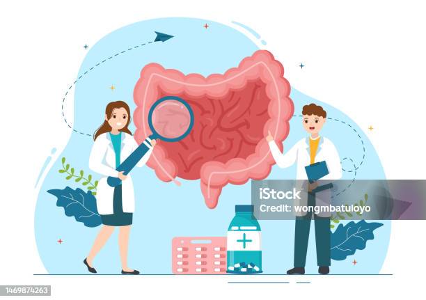 의사와 함께하는 항문 전문의 또는 대장 내시경 삽화는 랜딩 페이지 템플릿을 위해 손으로 그린 만화에서 결장과 유해 박테리아를