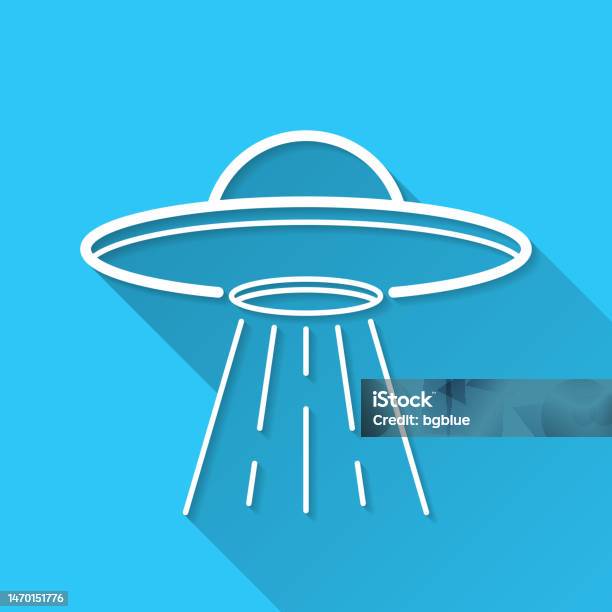 Ufo Flying Saucer With Light Beam Icon On Blue Background Flat Design