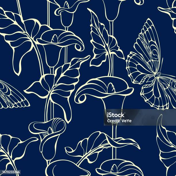 Ilustración De Mariposas Y Flores Patrón Sin Costuras Siluetas De Insectos Plantas Vector Y Más