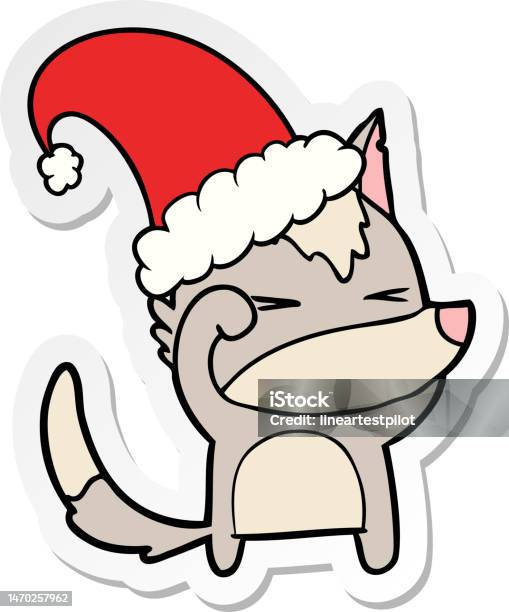 Autocollant Dun Dessin Animé De Loup Fatigué Portant Un Chapeau De Noël
