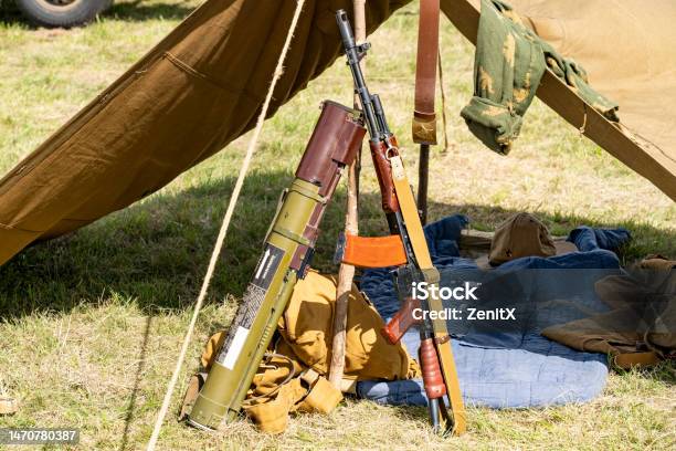 Soviet Military Camp With Kalashnikov Assault Rifle And Rpg22 Antitank ... Soviet Military Camp With Kalashnikov Assault Rifle And Rpg22 Antitank ...