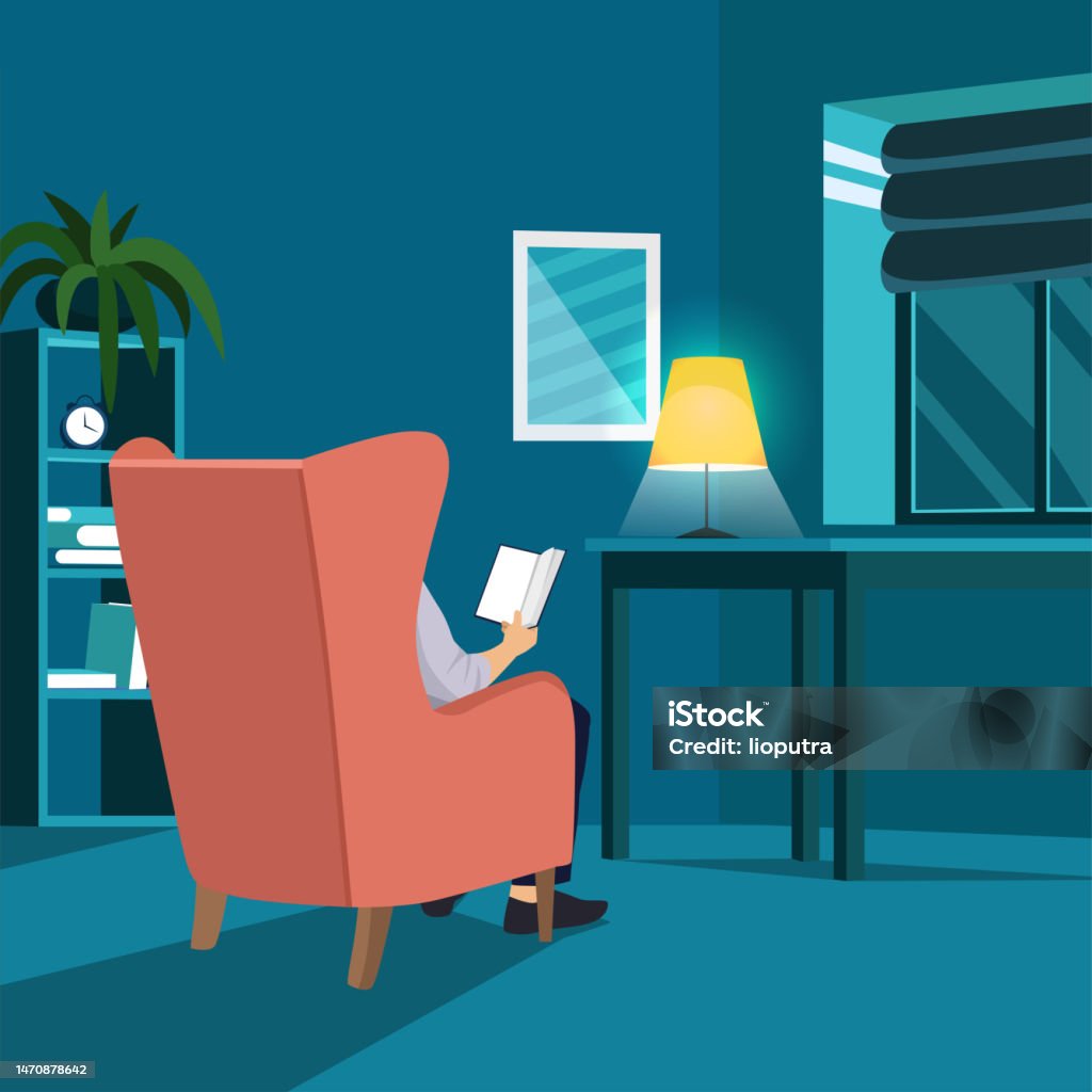 Man Reading Book In The Dark Male Character Sitting In The Armchair