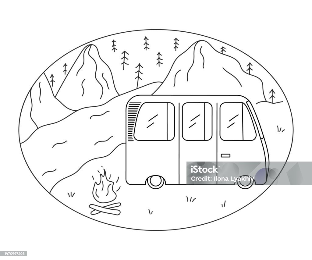 Api Unggun Berkemah Alam Dan Desain Garis Mono Campervan Untuk Desain ... Api Unggun Berkemah Alam Dan Desain Garis Mono Campervan Untuk Desain ...