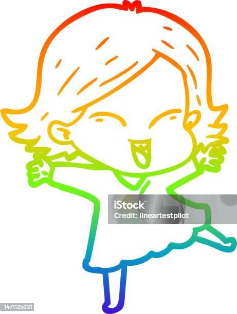 Dessin Au Trait Dégradé Arcenciel Dune Fille De Dessin Animé Heureuse