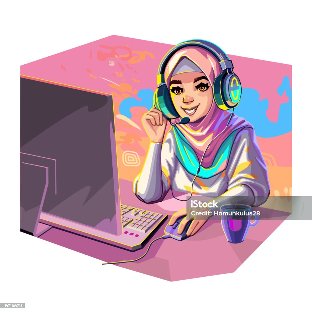 Gamer Atau Streamer Cewek Muslim Berhijab Dan Headset Duduk Di Depan ... Gamer Atau Streamer Cewek Muslim Berhijab Dan Headset Duduk Di Depan ...