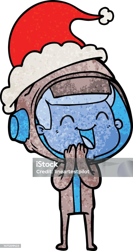 Happy Hand Drawn Textured Cartoon Of A Astronaut Wearing Santa Hat