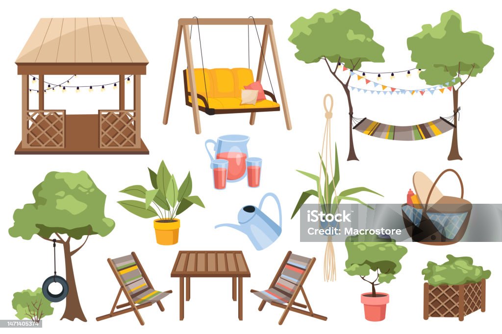 Furnitur Taman Mengatur Elemen Grafis Dalam Desain Datar Bundel Gazebo