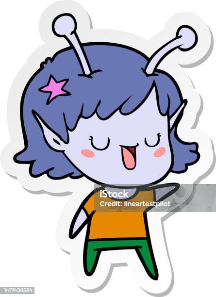 Autocollant Dun Dessin Animé De Fille Extraterrestre Heureuse Vecteurs