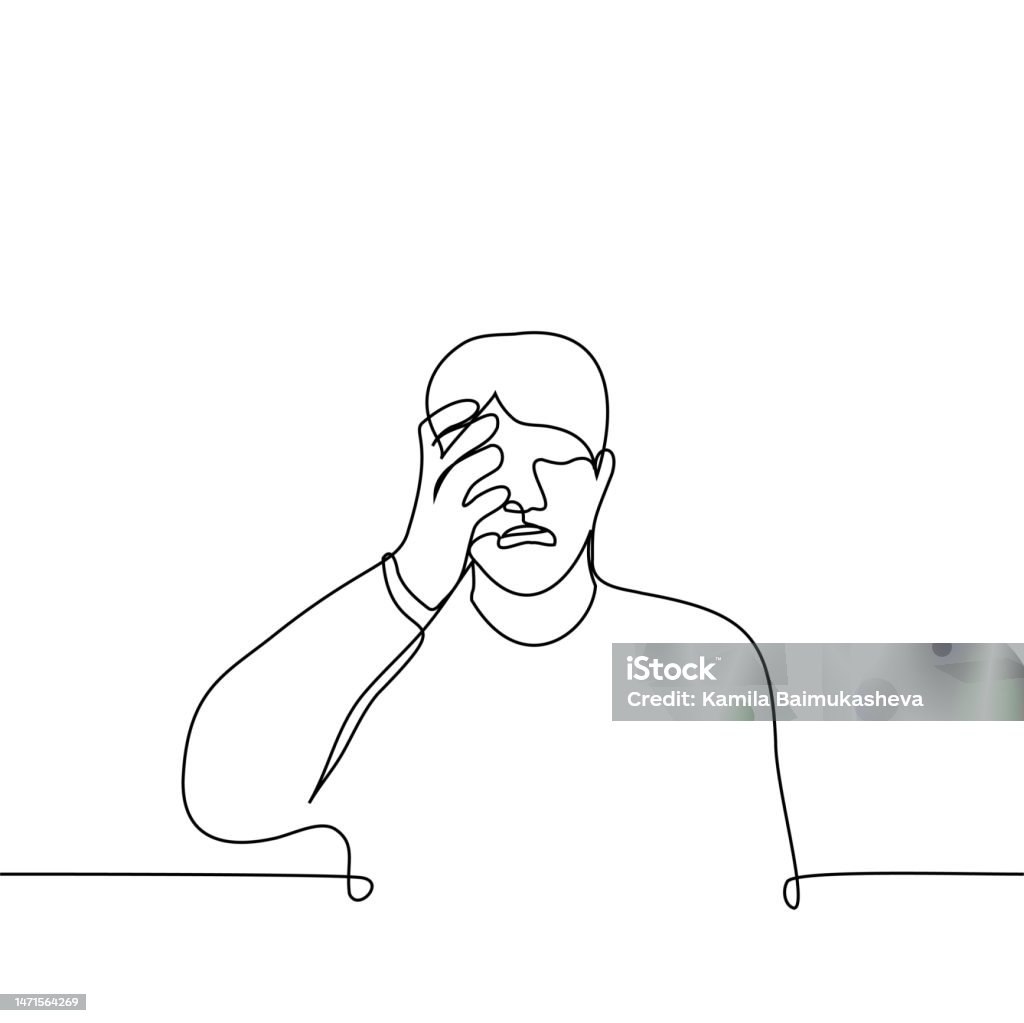 Man Crying Holding His Face One Line Drawing Vector The Concept Of