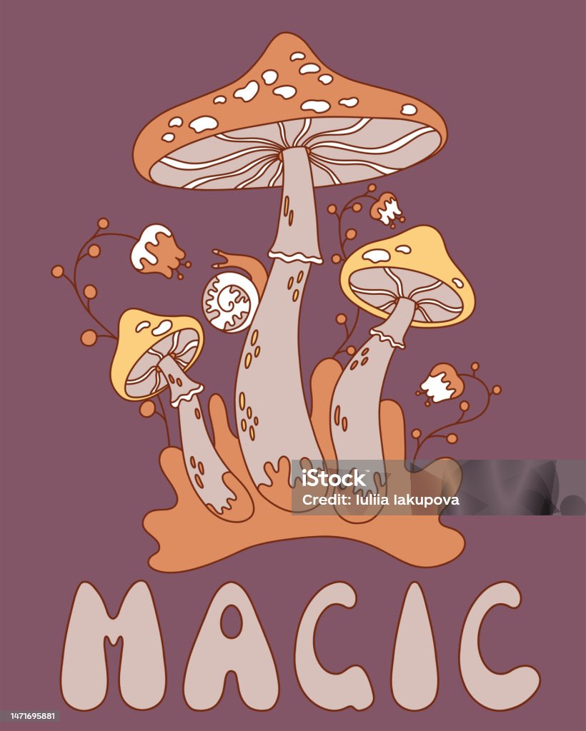 Psychedelic Hippie Mushrooms 70s Retro Style Stock Illustration Download Image Now 1960 1969