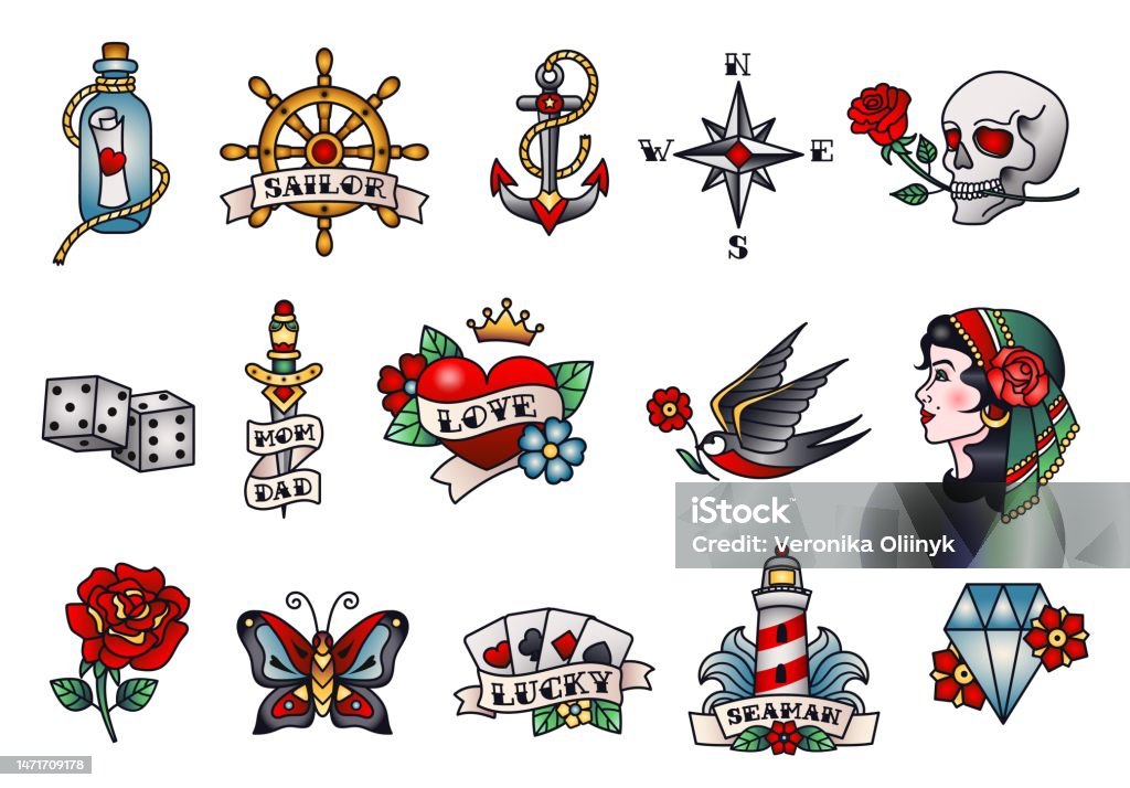 Tato Jadul Desain Tato Tradisional Amerika Atau Barat Vektor Gaya Tato Pelaut Set Ilustrasi