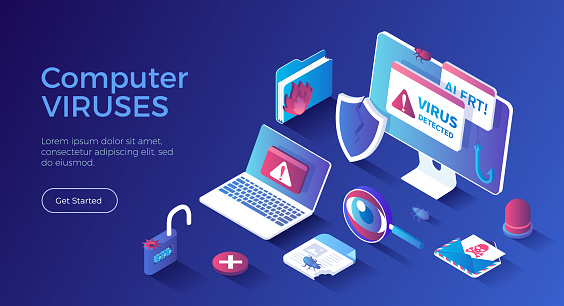 Computer Viruses Errors Detected Alert Messages Bugs Open Lock Infected Files Broken Shield